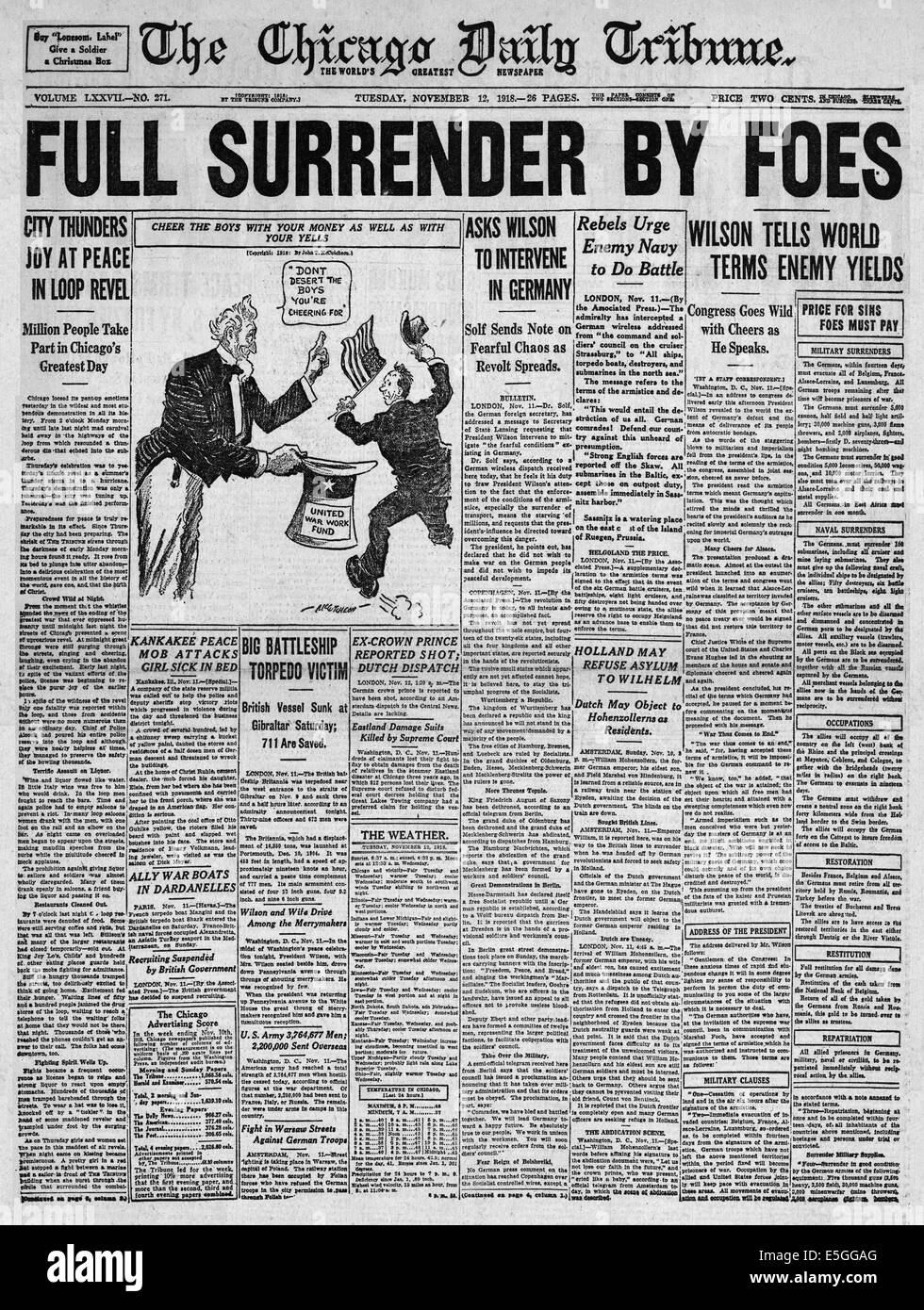 1918 Chicago Daily Tribune front page reporting Germany's surrender and ...