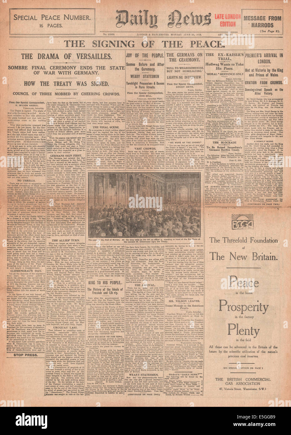 1919 Daily News front page reporting the Signing of the Treaty of ...