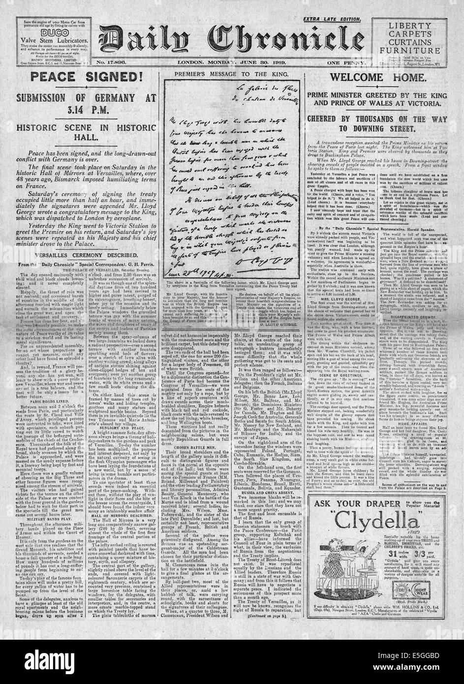 1919 Daily Chronicle front page reporting the Signing of the Treaty of ...