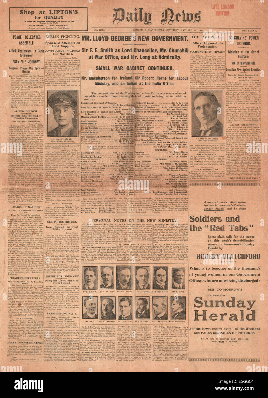 1919 Daily News front page reporting British Prime Minister Mr David ...