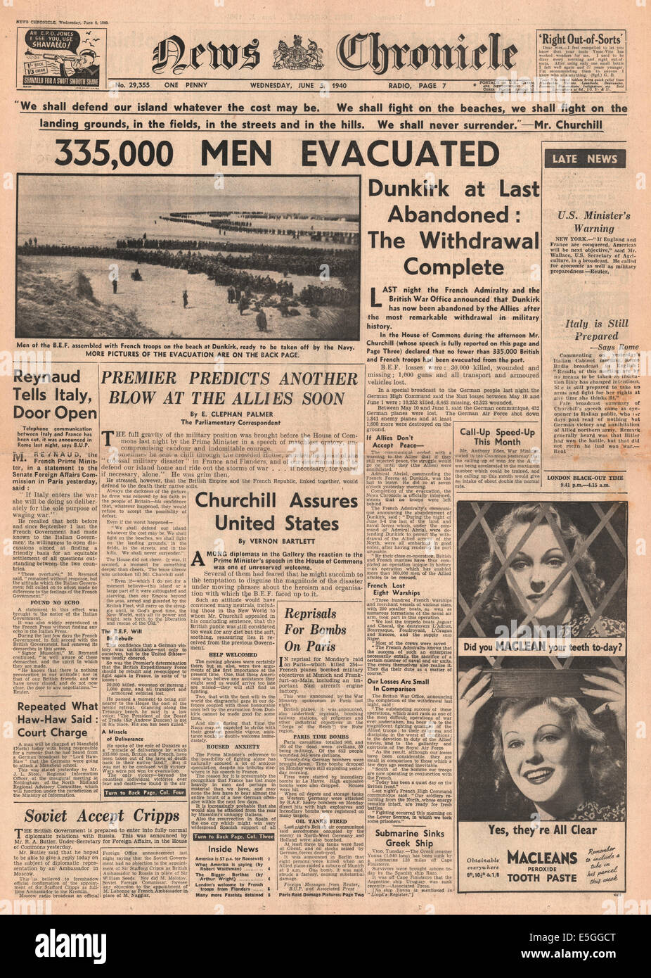Dunkirk 1940 newspaper hi-res stock photography and images - Alamy