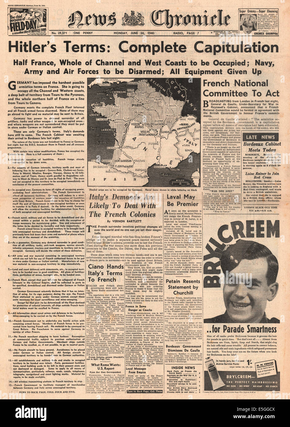 1940 News Chronicle front page reporting France surrenders to Germany ...