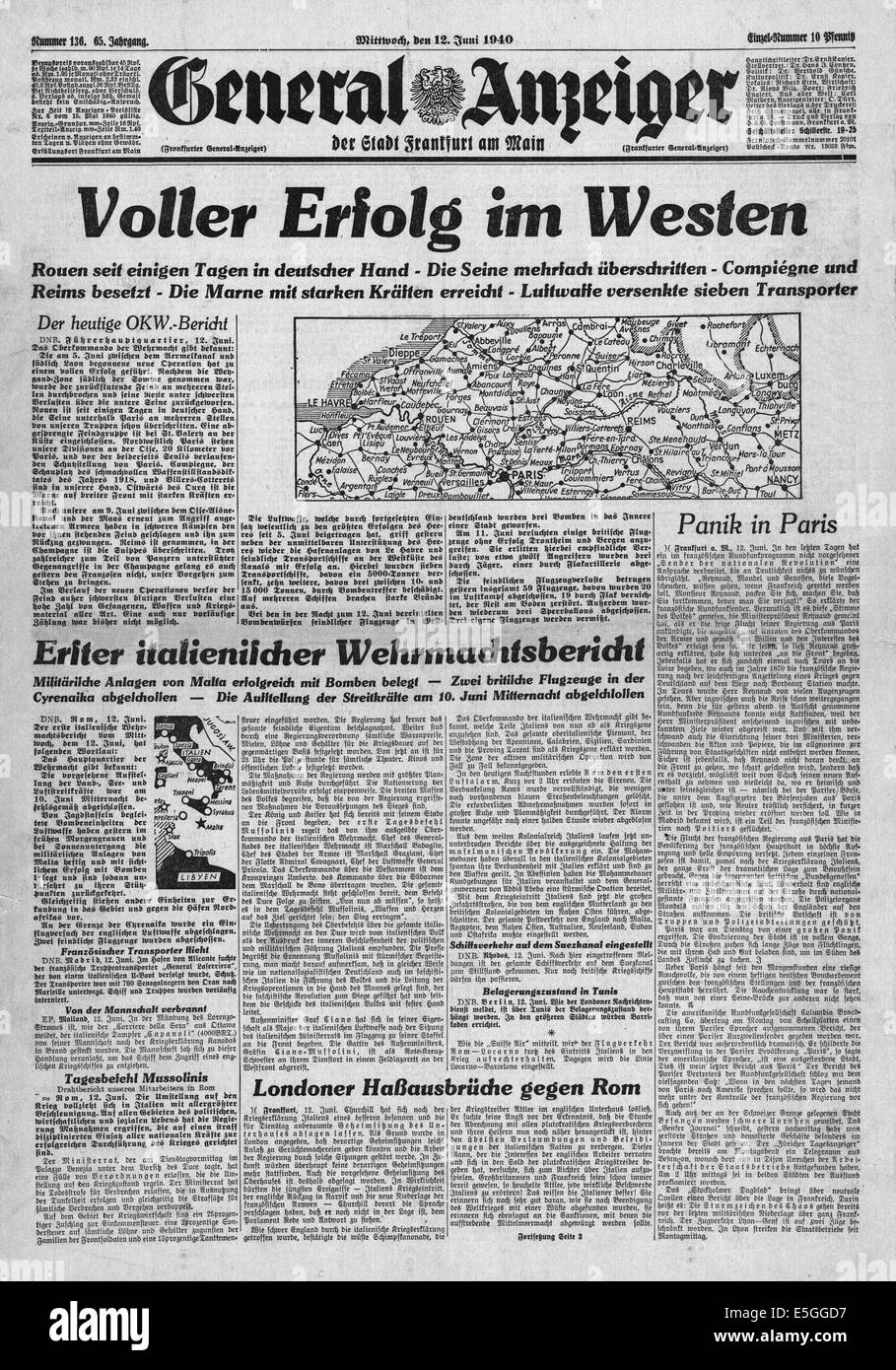 1940 General Anzeiger (Germany) front page reporting complete success ...