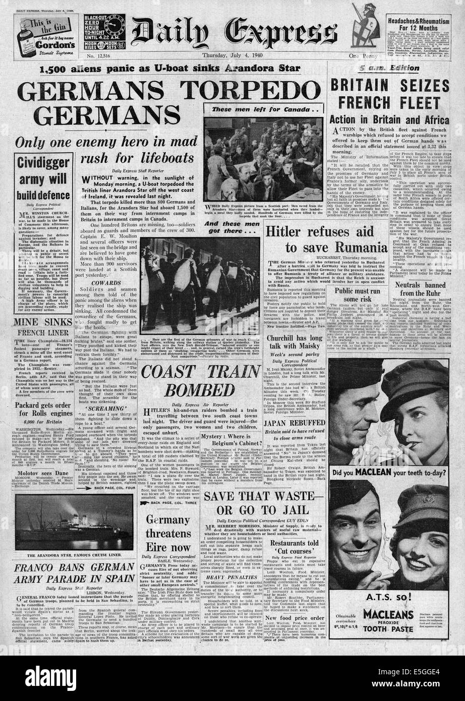 1940 Daily Express front page reporting German U-Boat U-47 sinks troop ...