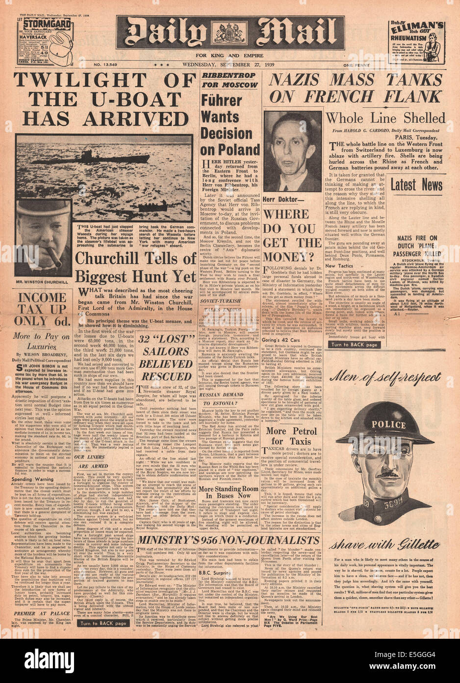 1939 world war two world war 2 newspaper headline hi-res stock ...