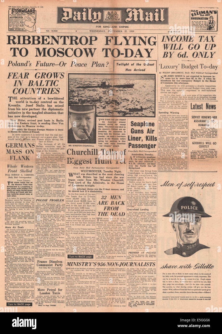 1939 Daily Mail front page German foreign minister Ribbentrop flies to ...