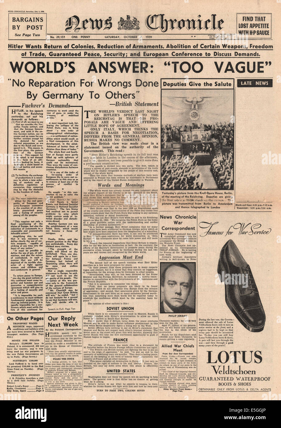 1939 world war two world war 2 newspaper headline hi-res stock ...