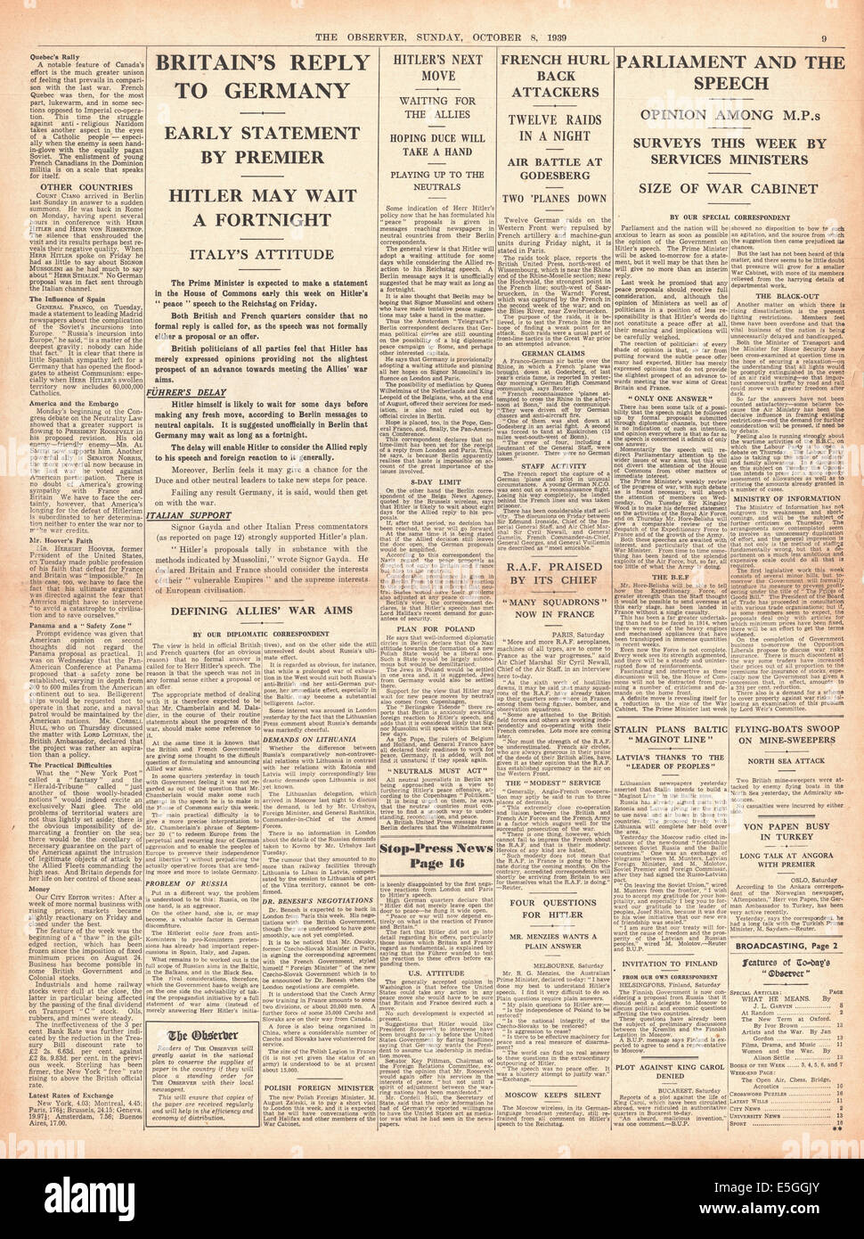 1939 The Observer page 9 reporting British governments response to ...