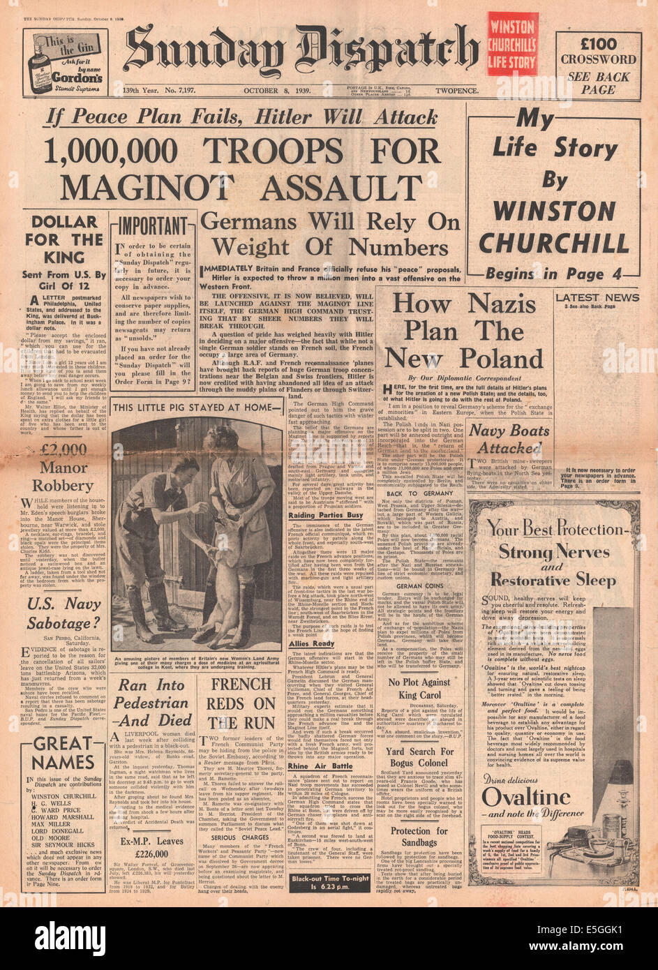 1939 Sunday Dispatch front page speculating on a German assault of ...