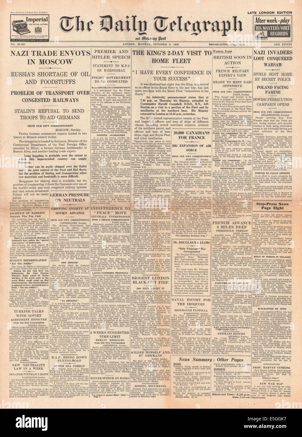 1939 Daily Telegraph front page reporting Peace talks with Germany ... 1939 Daily Telegraph front page reporting Peace talks with Germany ...