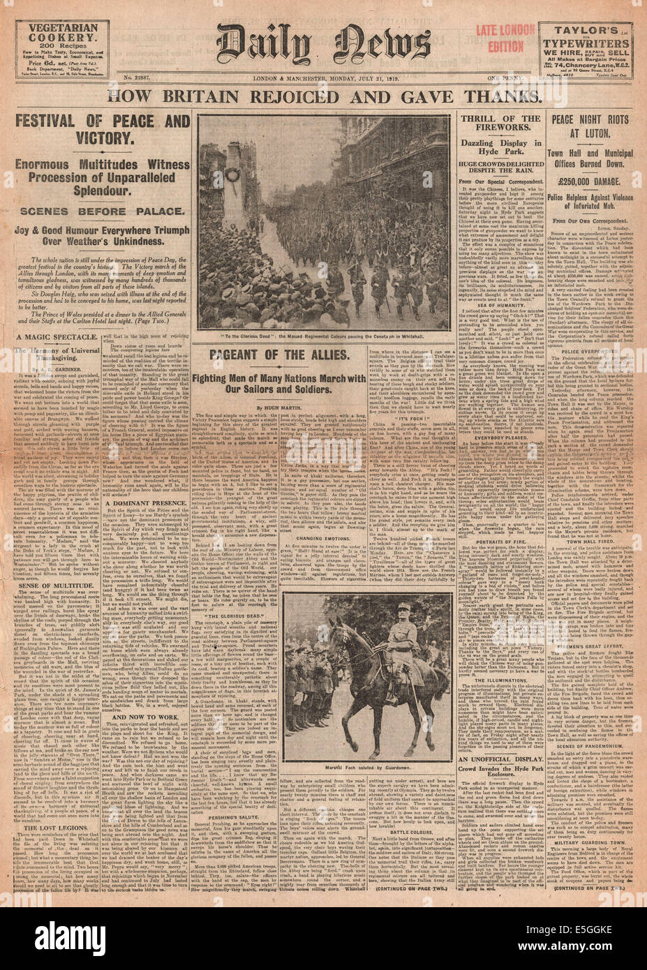 1919 Daily News front page reporting Festival of Peace and Victory ...