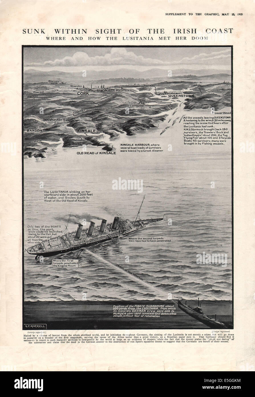 1915 The Graphic magazine back page illustration reporting the sinking ...