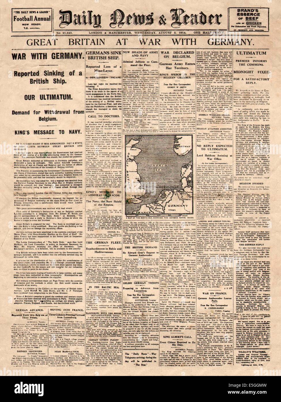 1914 Daily News & Leader front page reporting War declared on Germany ...