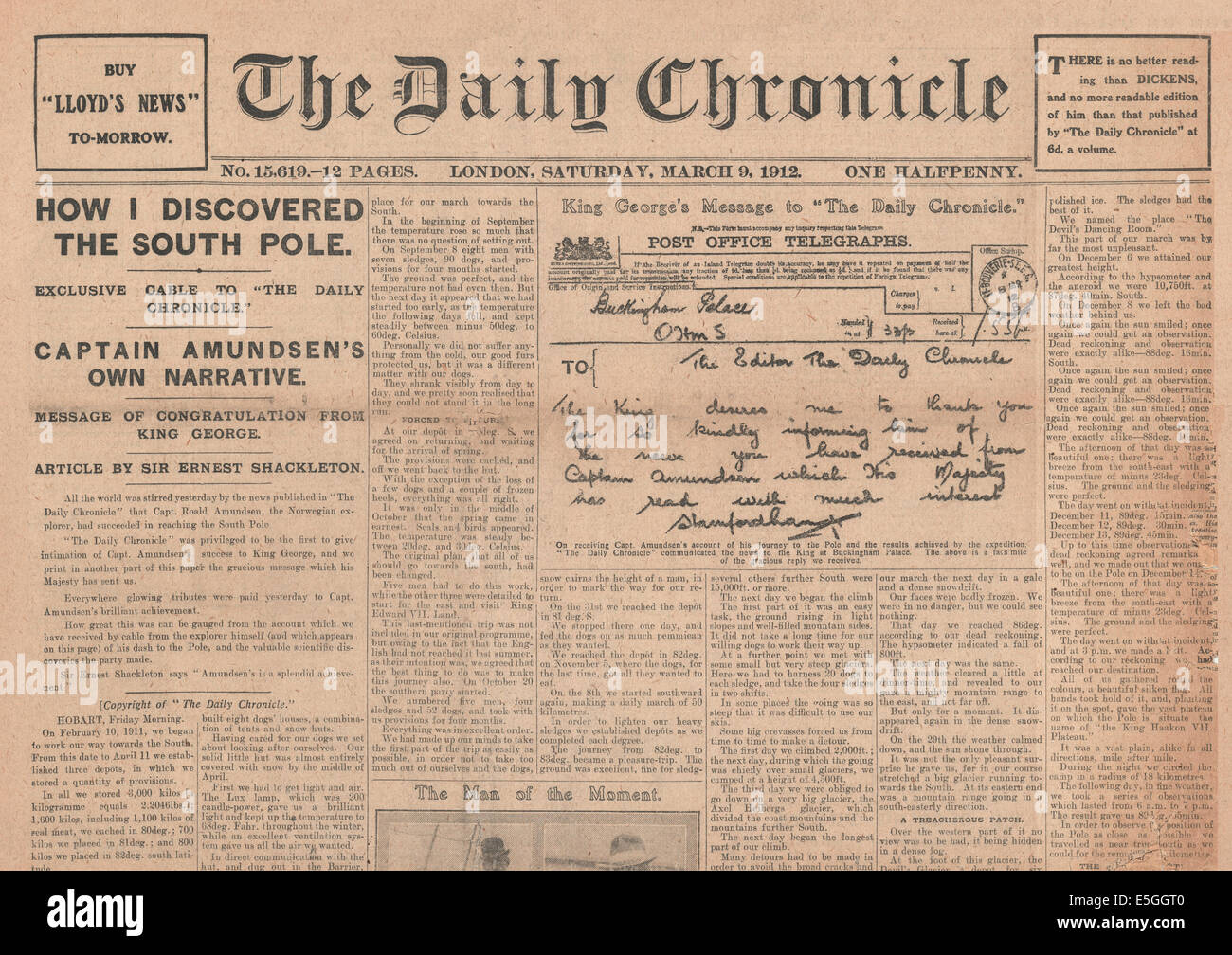 1912 Daily Chronicle half front page reporting Captain Amudsen ...
