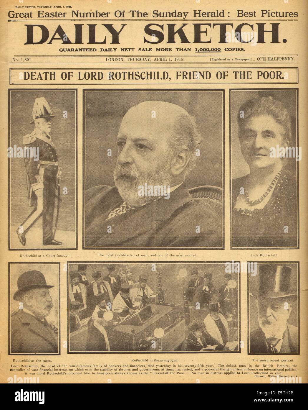 1915 Daily Sketch front page reporting Death of Lord Rothschild Stock ...