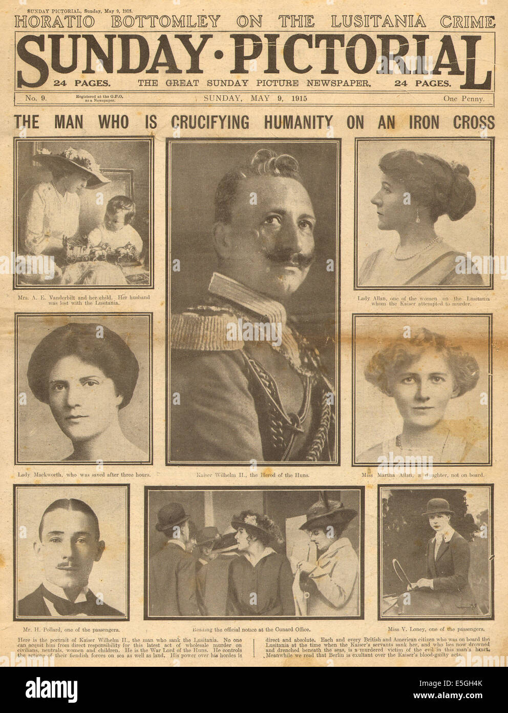 1915 Sunday Pictorial front page reporting Sinking of the Lusitania and ...