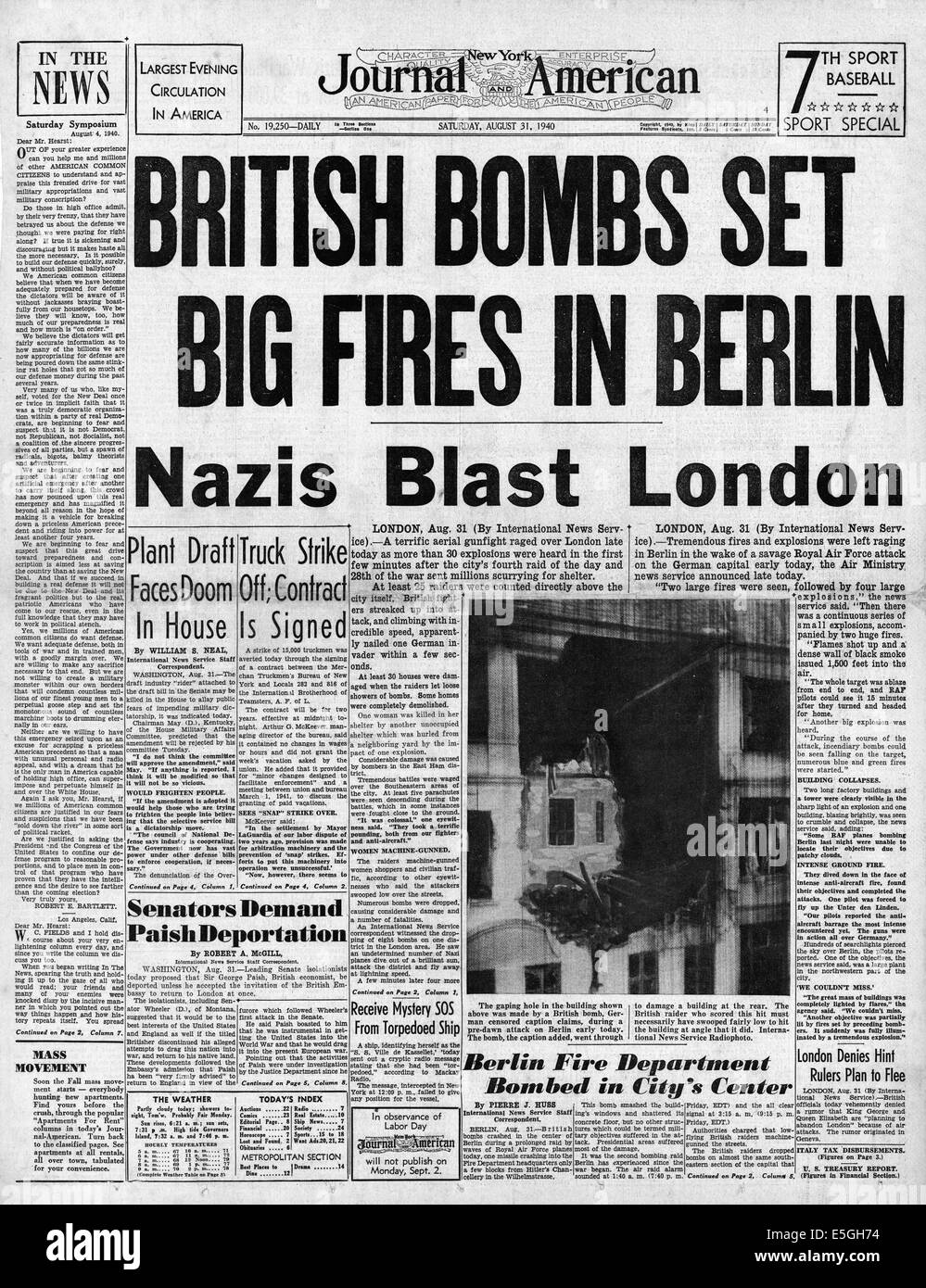 1940 New York Journal-American front page reporting Luftwaffe bombing ...