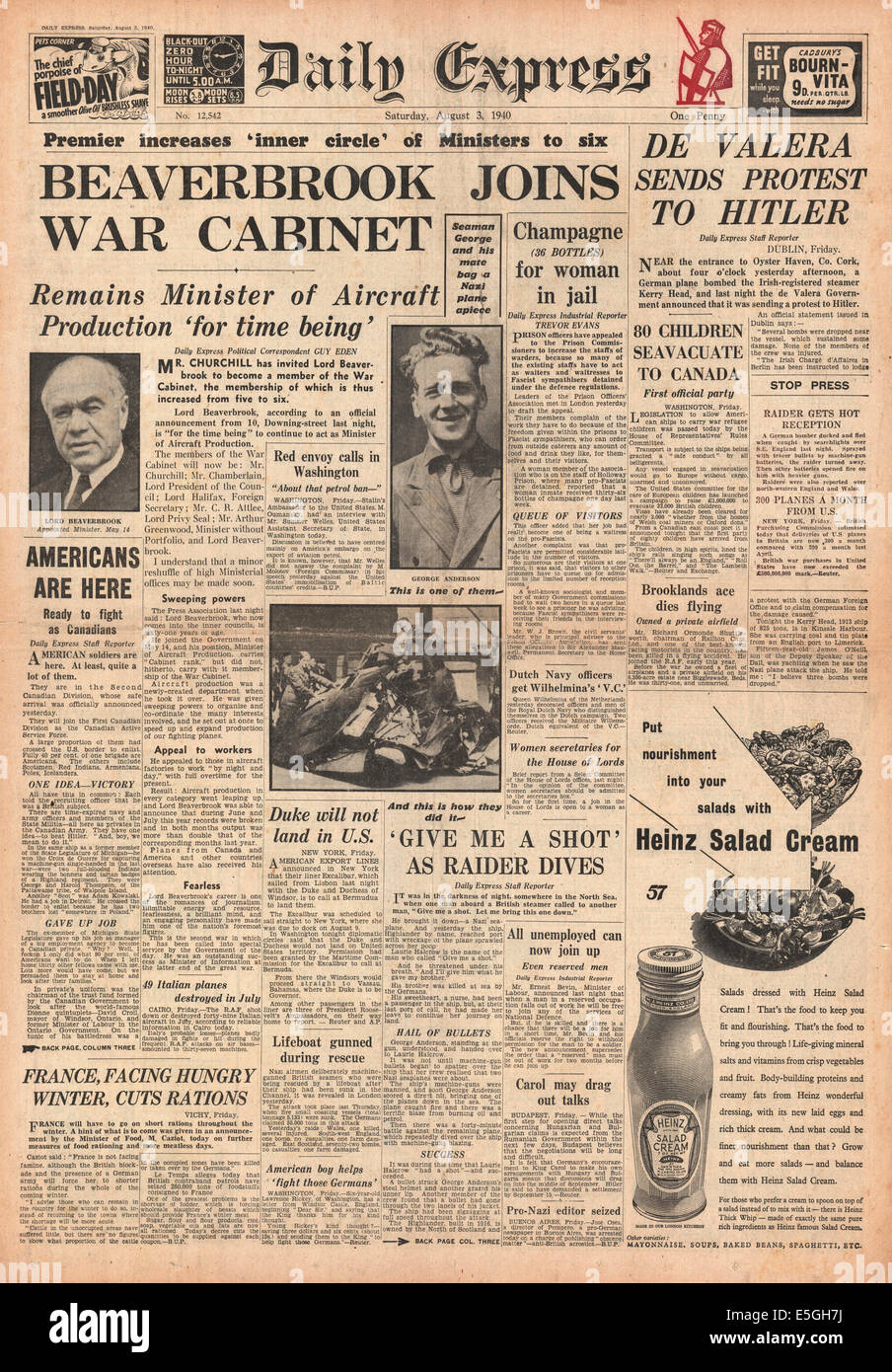 1940 Daily Express front page reporting Express owner Lord Beaverbrook ...