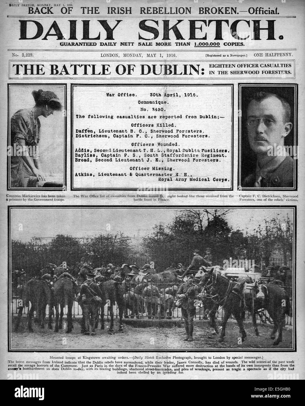 1916 Daily Sketch front page reporting Easter Uprising Dublin Ireland ...