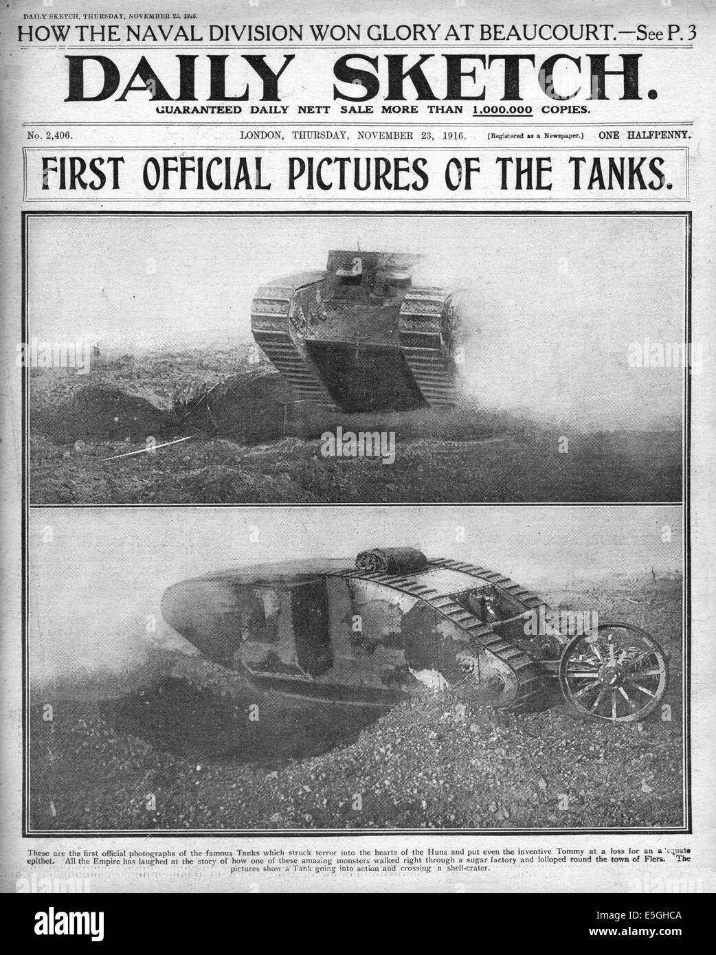 1916 Daily Sketch front page reporting Tanks World War One Stock Photo ...