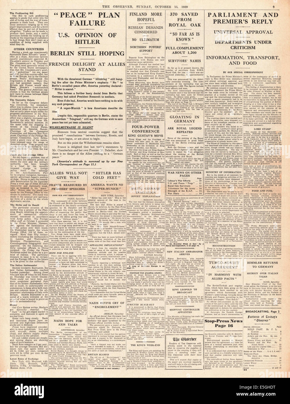 1939 The Observer page 9 reporting Failure of Hitler's peace plan and ...