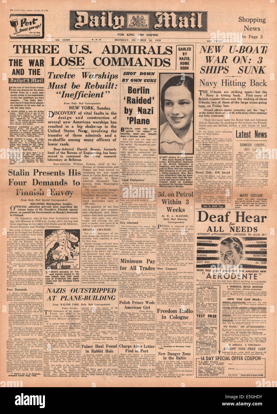 1939 Daily Telegraph front page reporting US Navy Admiral's lose ...