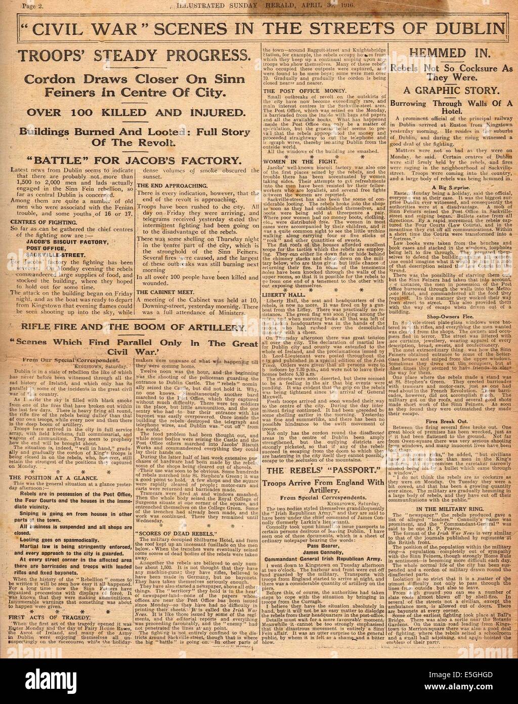 1916 Sunday Herald page 2 reporting Easter Uprising Dublin Ireland ...