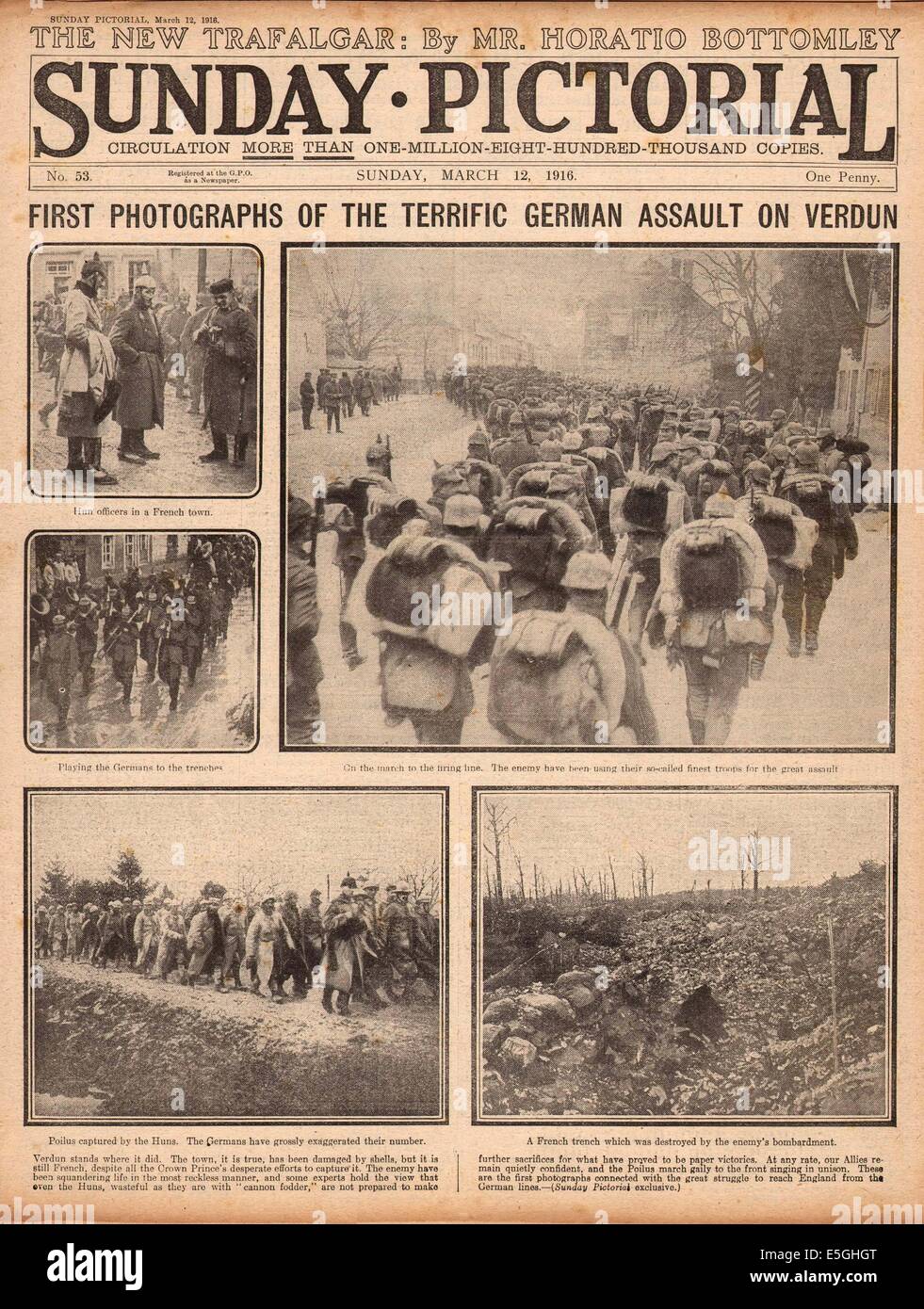1916 Sunday Pictorial front page reporting German assault on Verdun ...