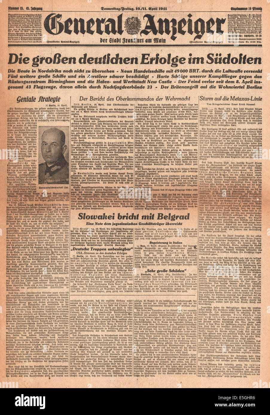 1941 General Anzeiger (Germany) front page reporting German forces ...