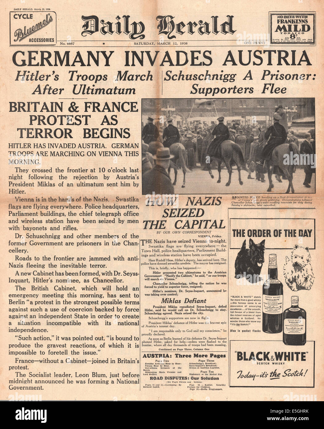 1938 Daily Herald front page reporting German troops enter Austria ...