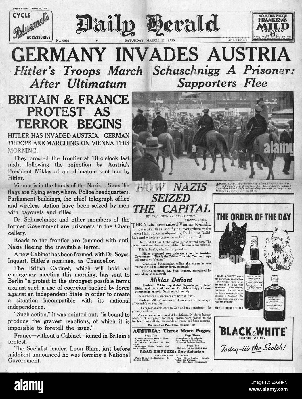 1938 Daily Herald front page reporting German troops enter Austria ...