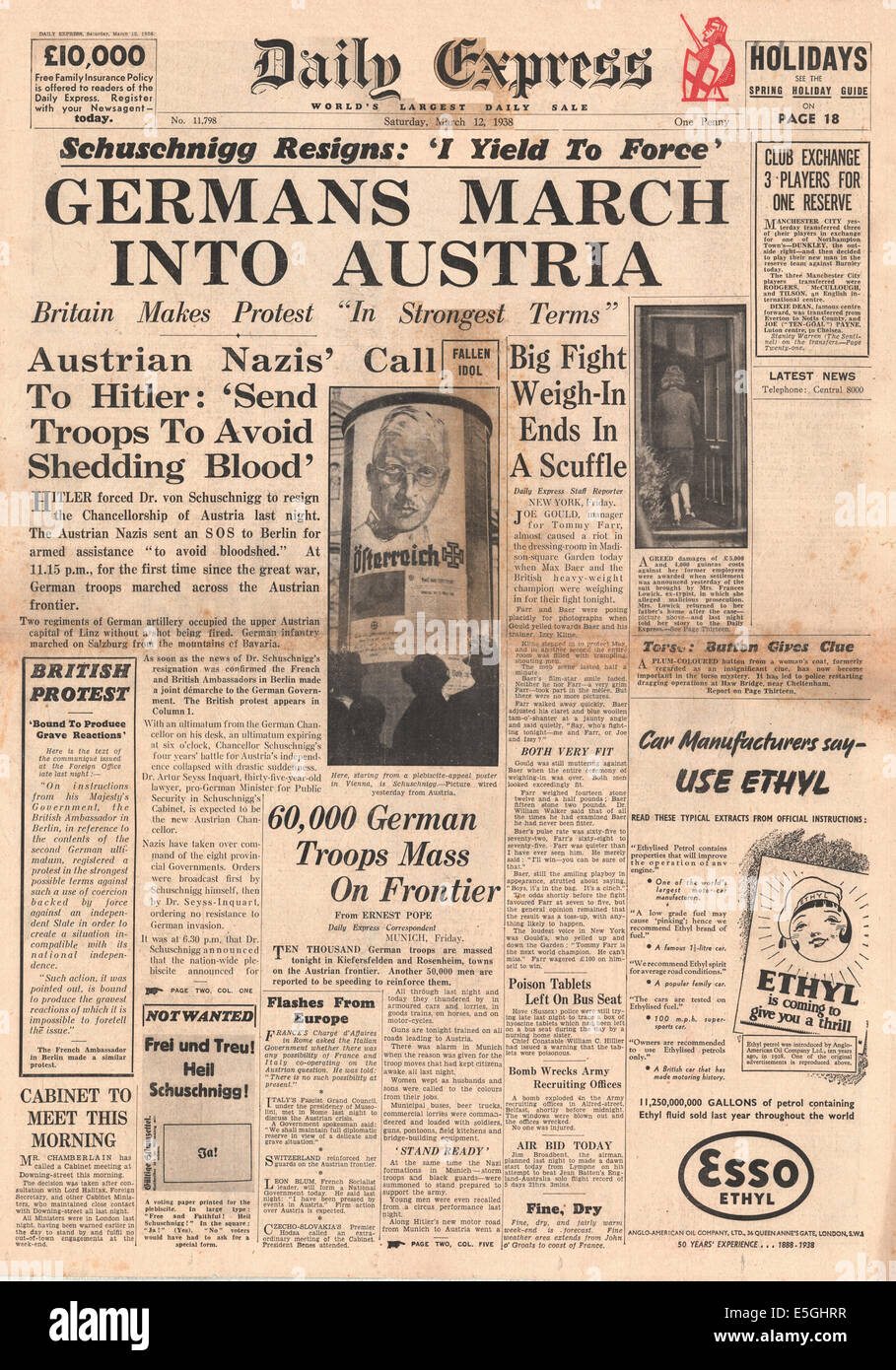1938 Daily Express front page reporting German troops enter Austria ...
