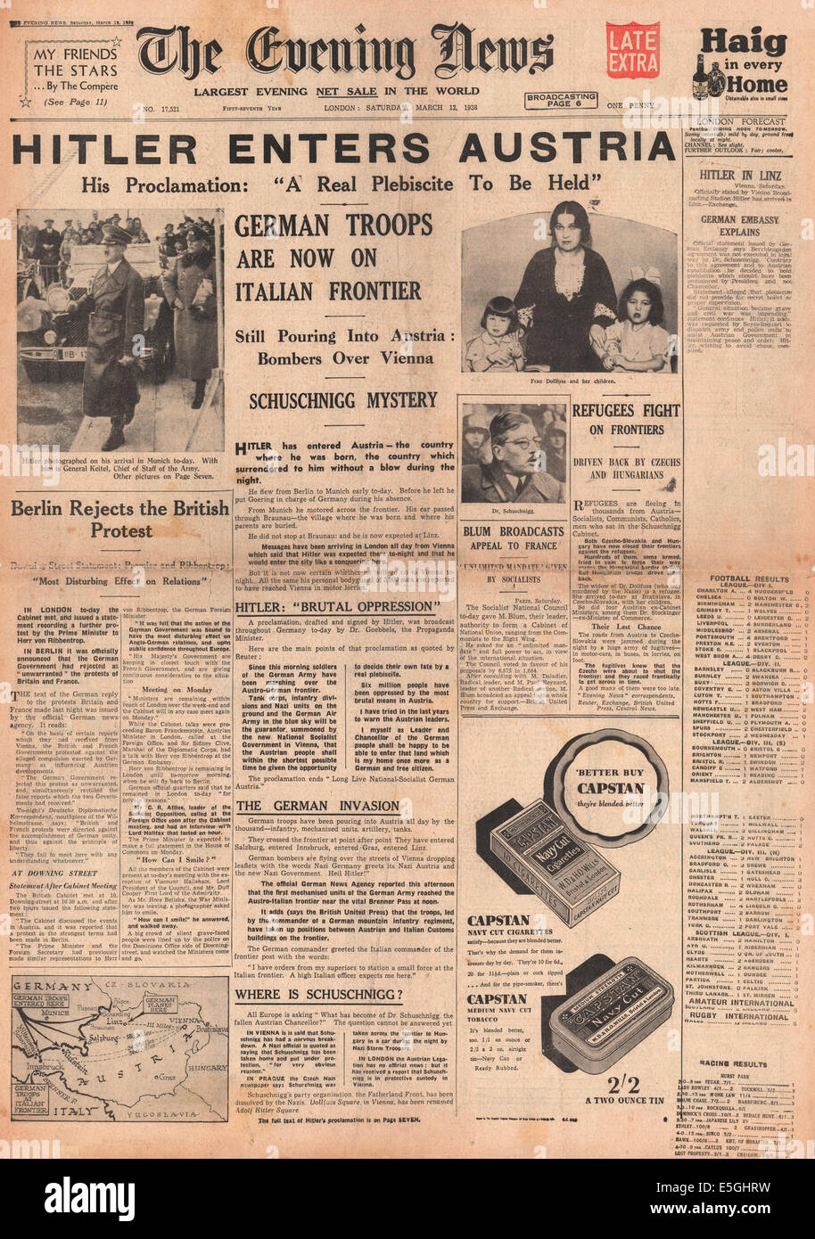1938 Evening News (London) front page reporting German troops enter ...
