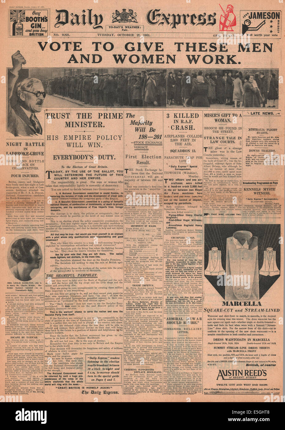 1931 Daily Express front page reporting the General Election and ...
