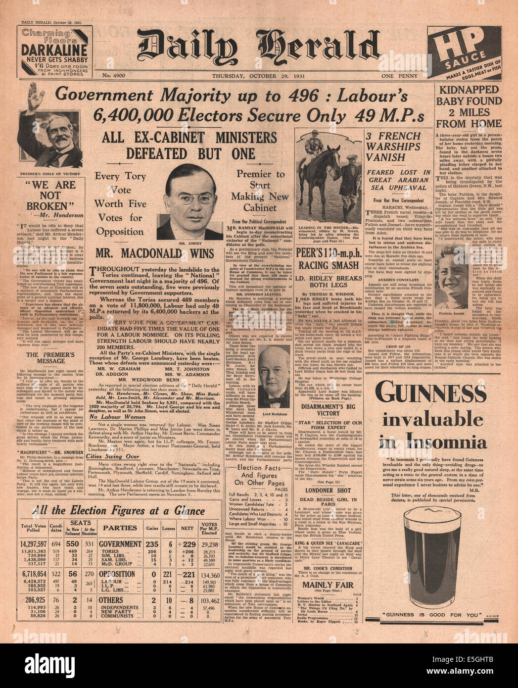 1931 Daily Herald front page reporting Ramsay MacDonald's Conservative ...
