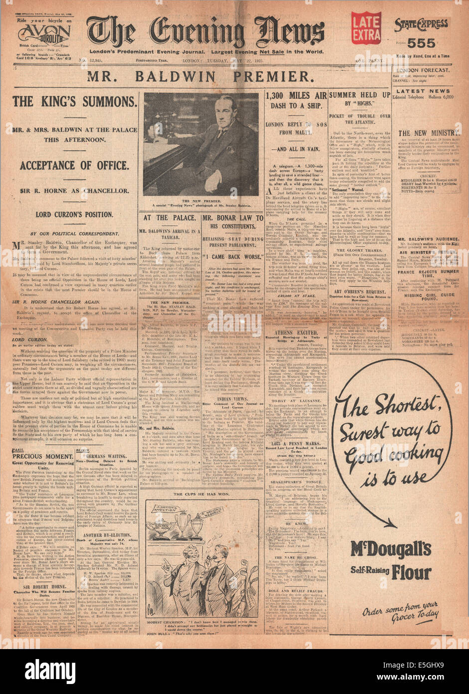 1923 Evening News (London) front page reporting Stanley Baldwin as new ...