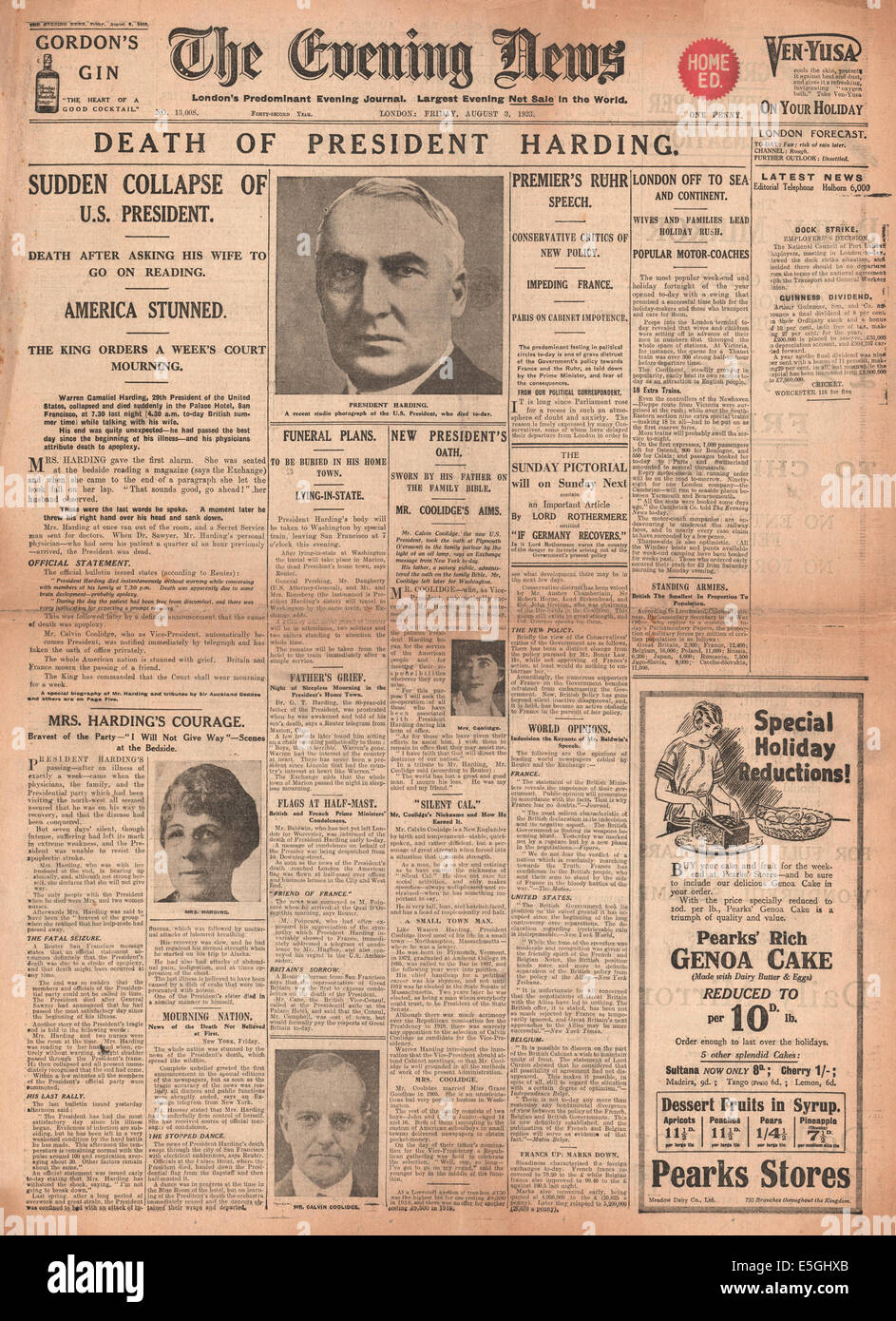 1923 Evening News (London) front page reporting the death of U.S ...
