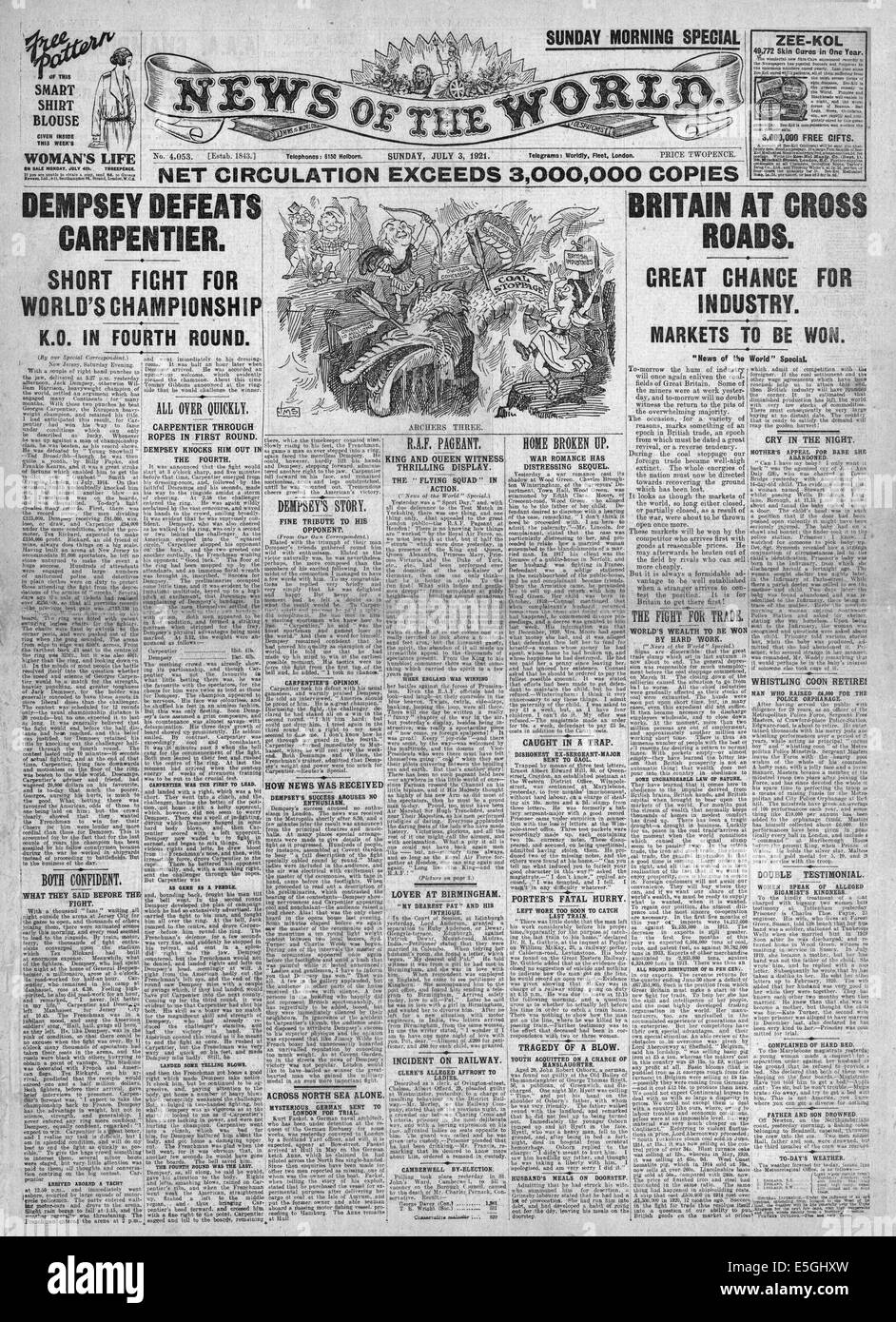 1921 News of the World front page reporting Boxer Jack Dempsey defeats ...