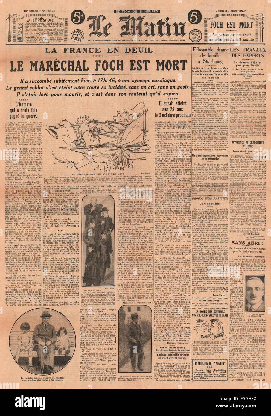 1929 Le Matin (France) front page reporting the death of Marshal ...