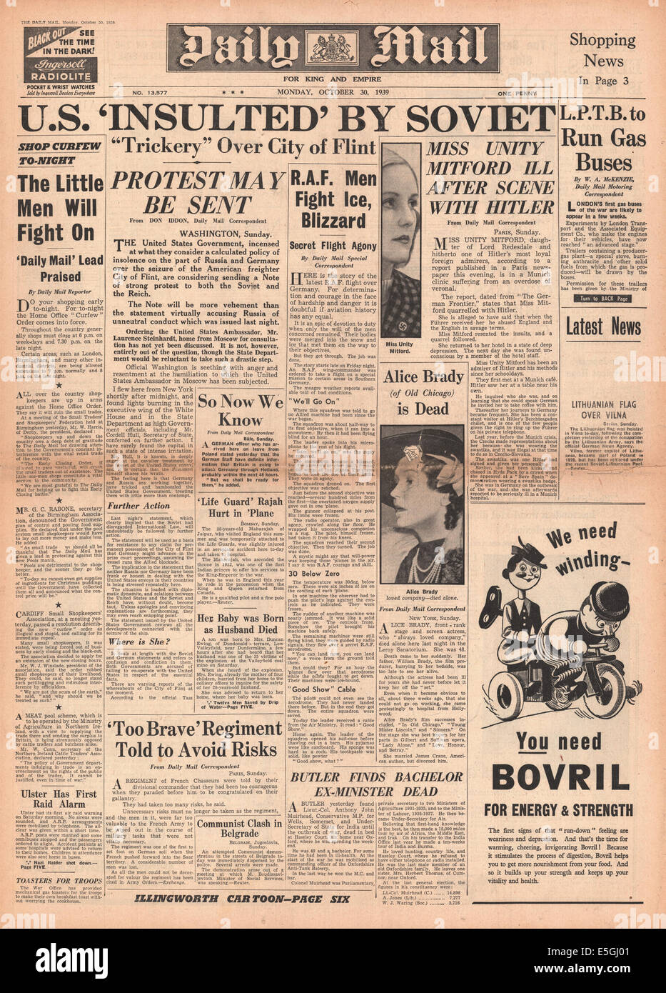 1939 Daily Mail front page reporting US Government reaction to the ...