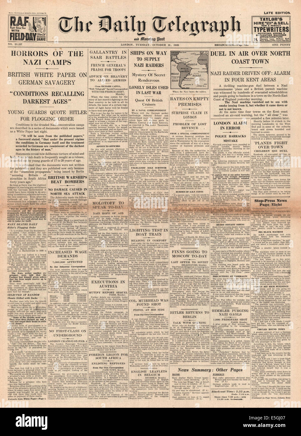 1939 Daily Telegraph front page reporting Concentration Camps and Sea ...