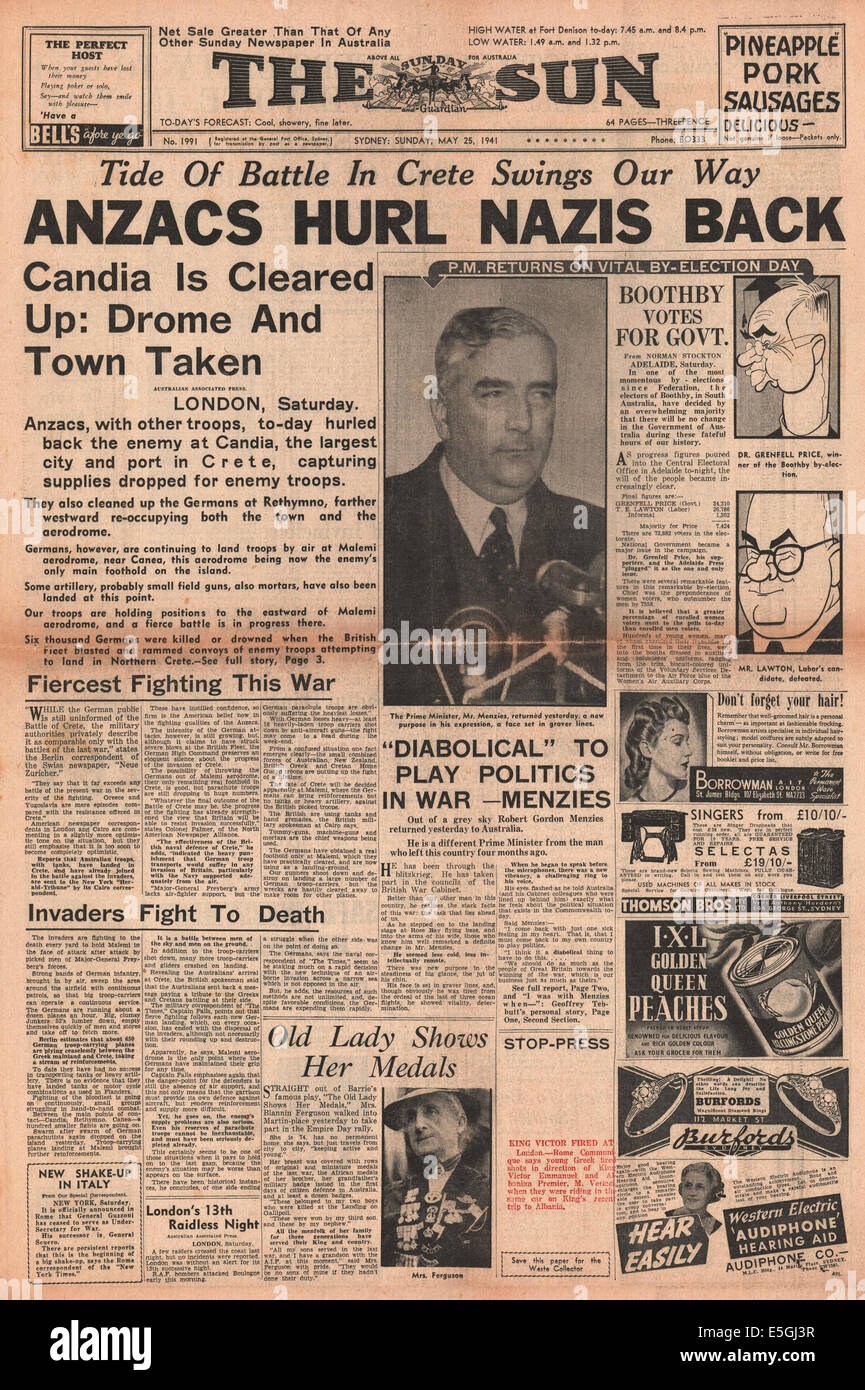 1941 The Sun (Sydney) Front page reporting ANZAC forces in the battle ...