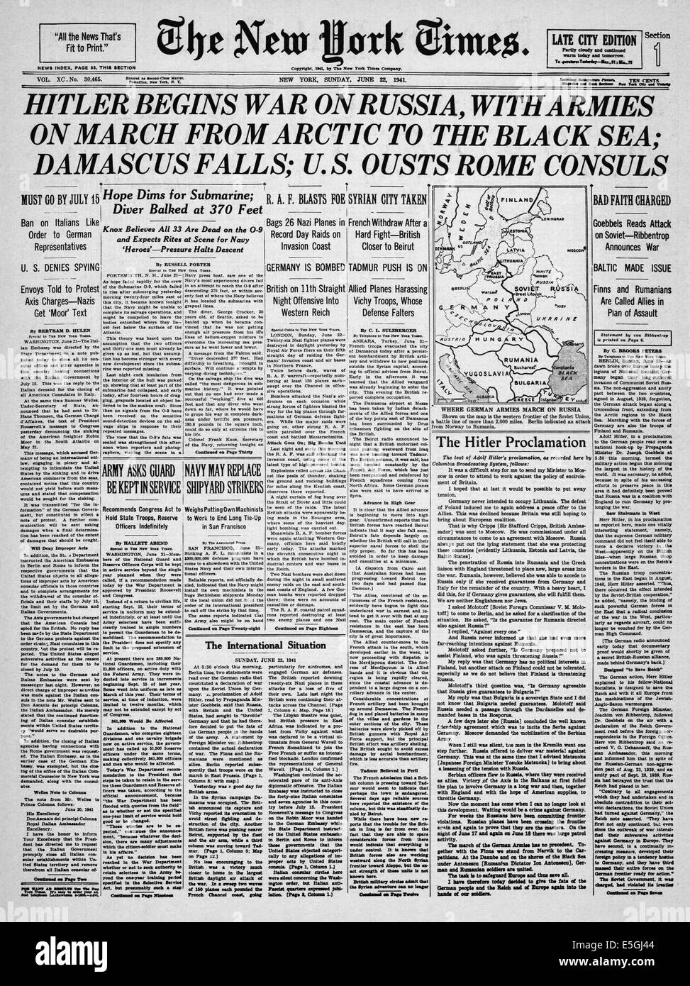 1941 New York Times (USA) front page reporting Nazi Germany invades ...