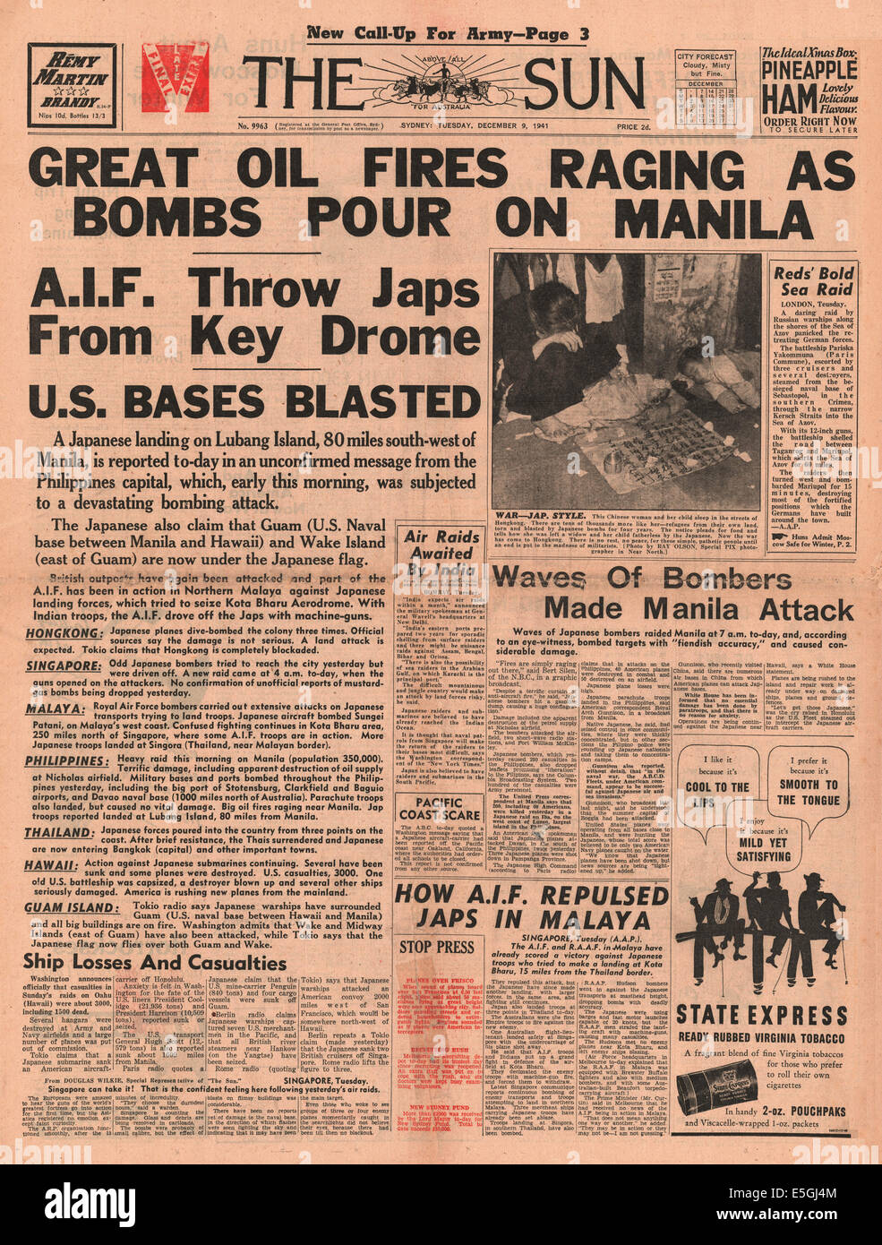 1941 The Sun (Sydney) front page reporting Japanese attack on Manila ...