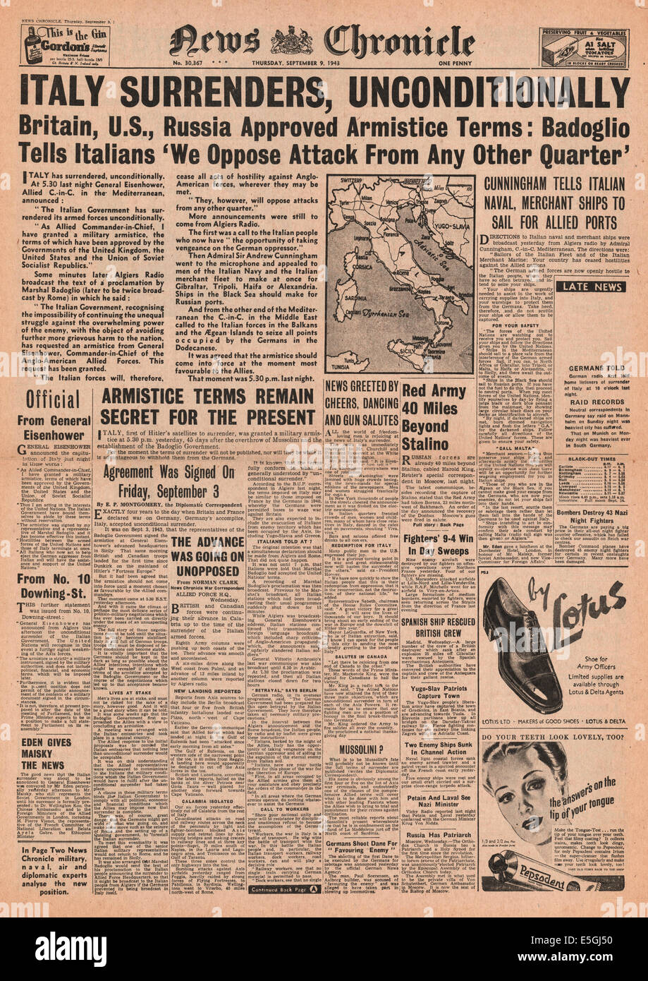 1943 News Chronicle front page reporting the surrender of Italy to the ...