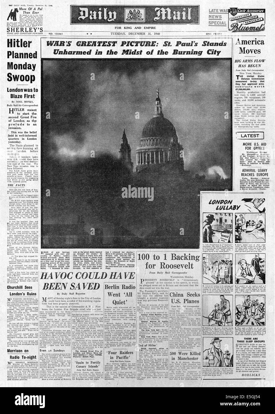 1940 Daily Mail front page reporting Heavy Luftwaffe bombing raid on ...