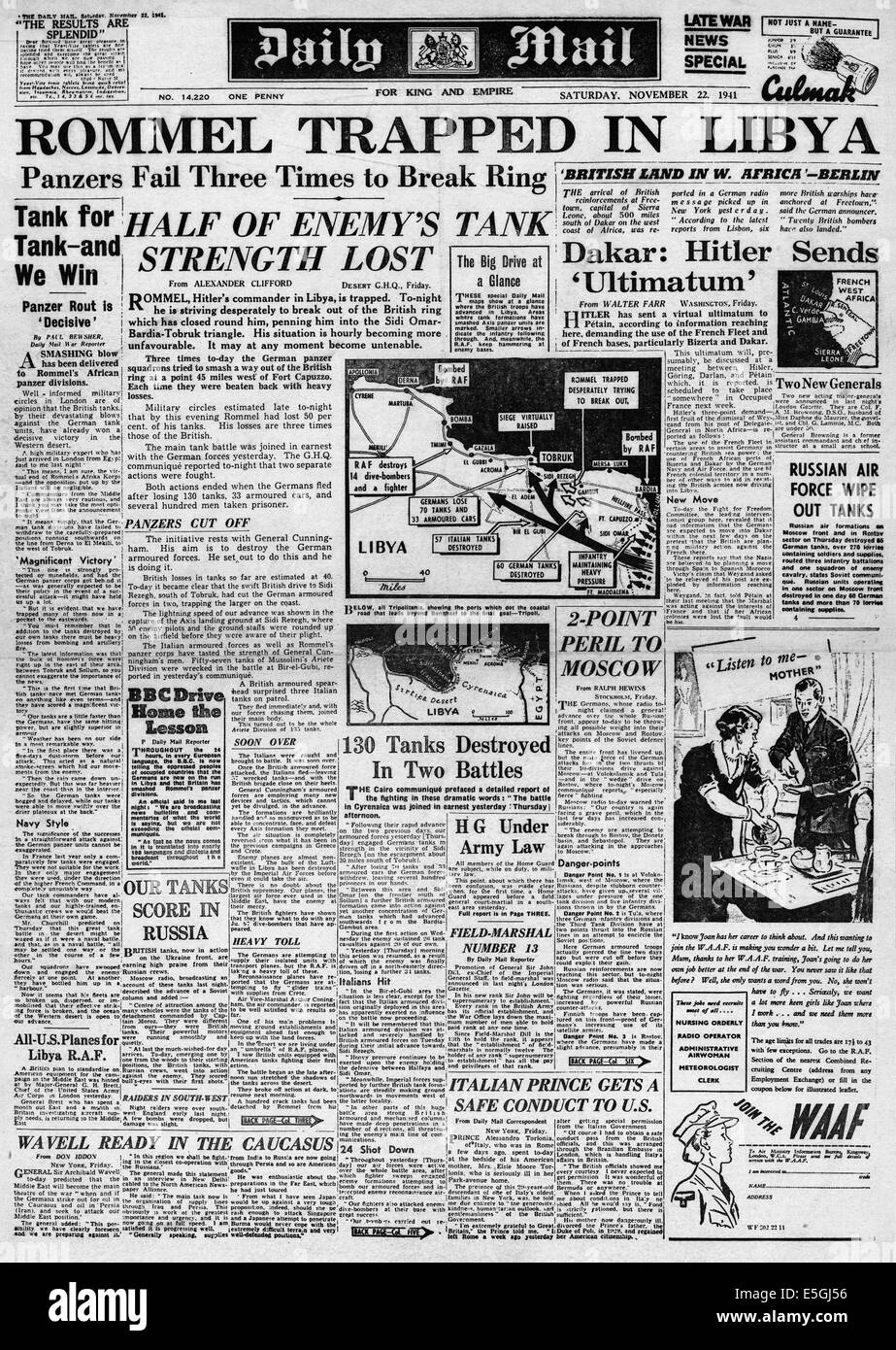 1941 Daily Mail front page reporting Rommel trapped in Libya Stock ...