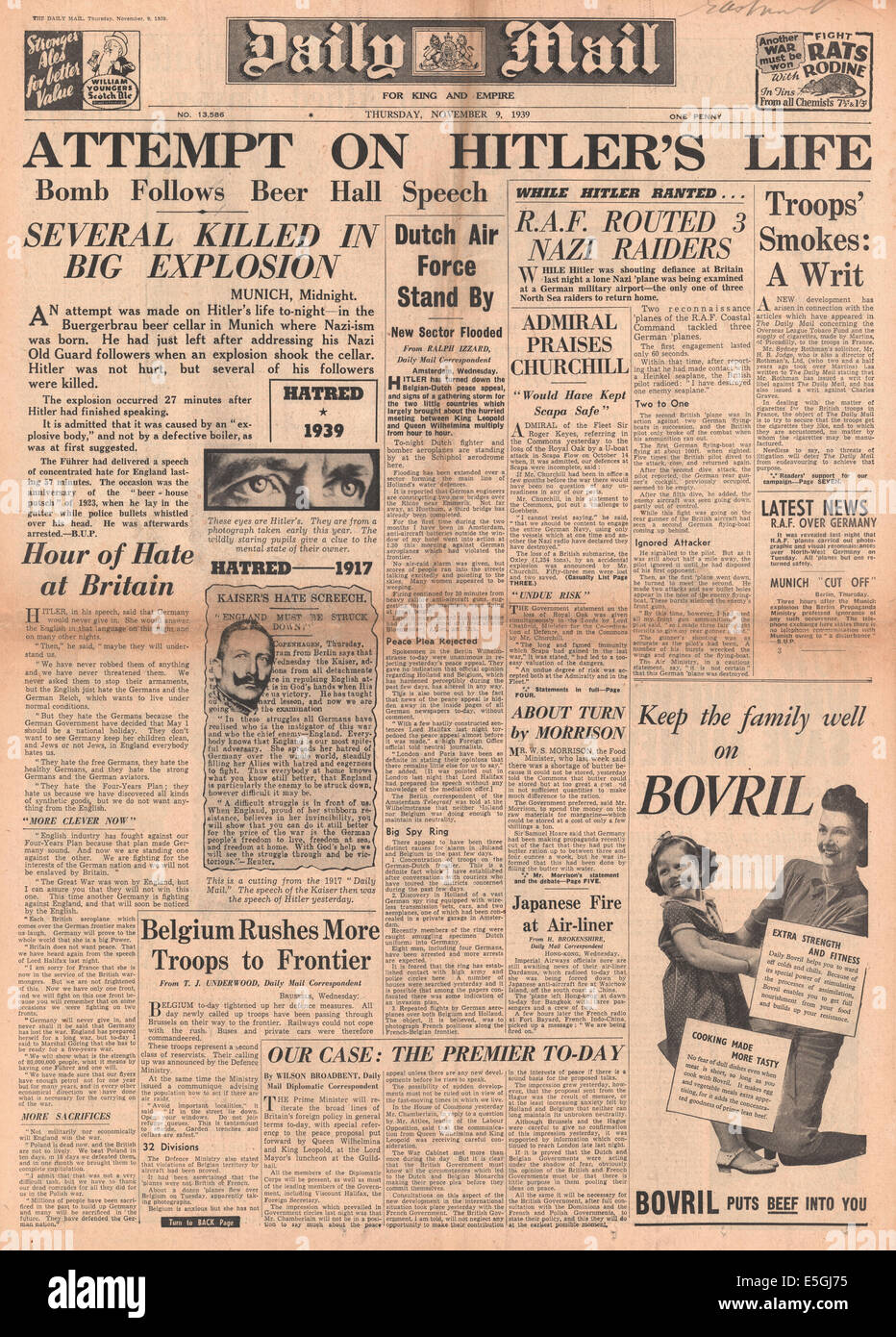 1939 Daily Mail front page reporting Assassination attempt on Adolf ...