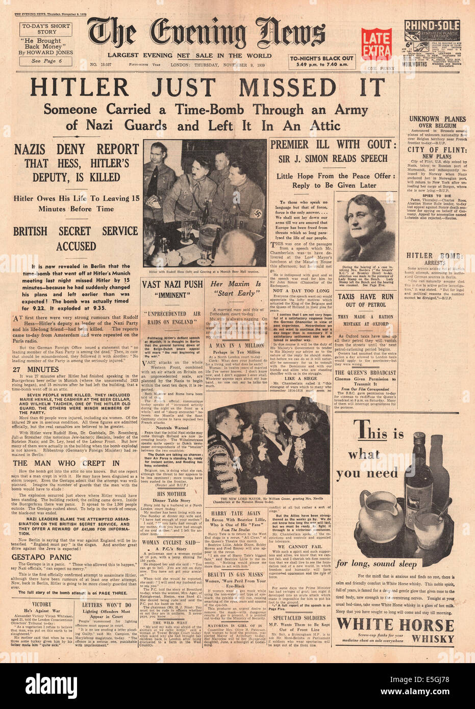 1939 Evening News front page reporting Assassination attempt on Adolf ...
