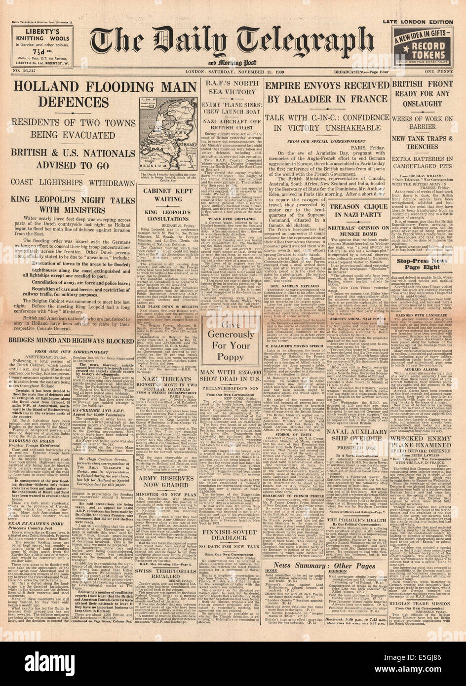1939 Daily Telegraph Front Page Reporting Holland Flooding Main